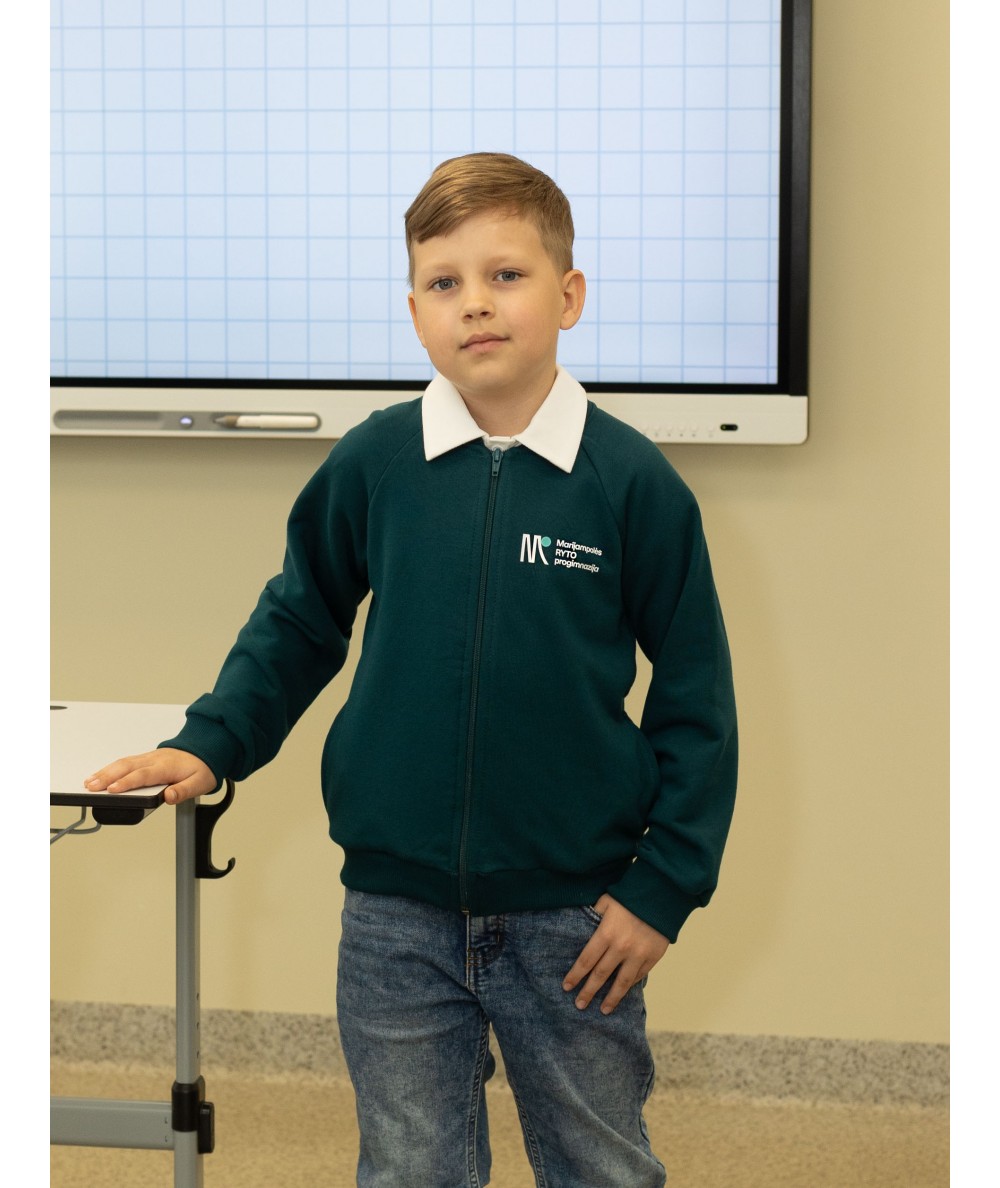Užsegamas, turkio spalvos mokyklinis džemperis